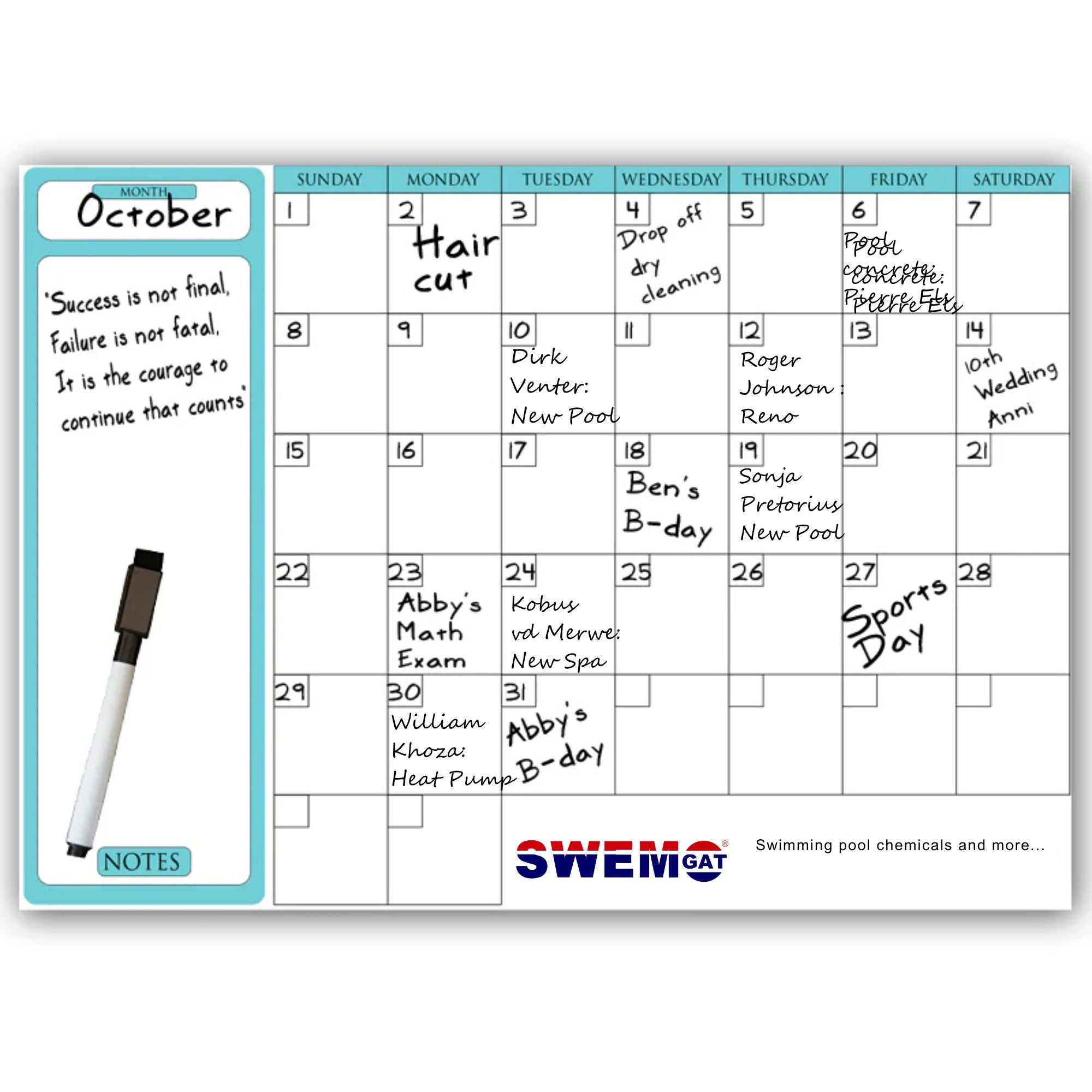 Swemgat Write & Wipe Magnetic Calendar